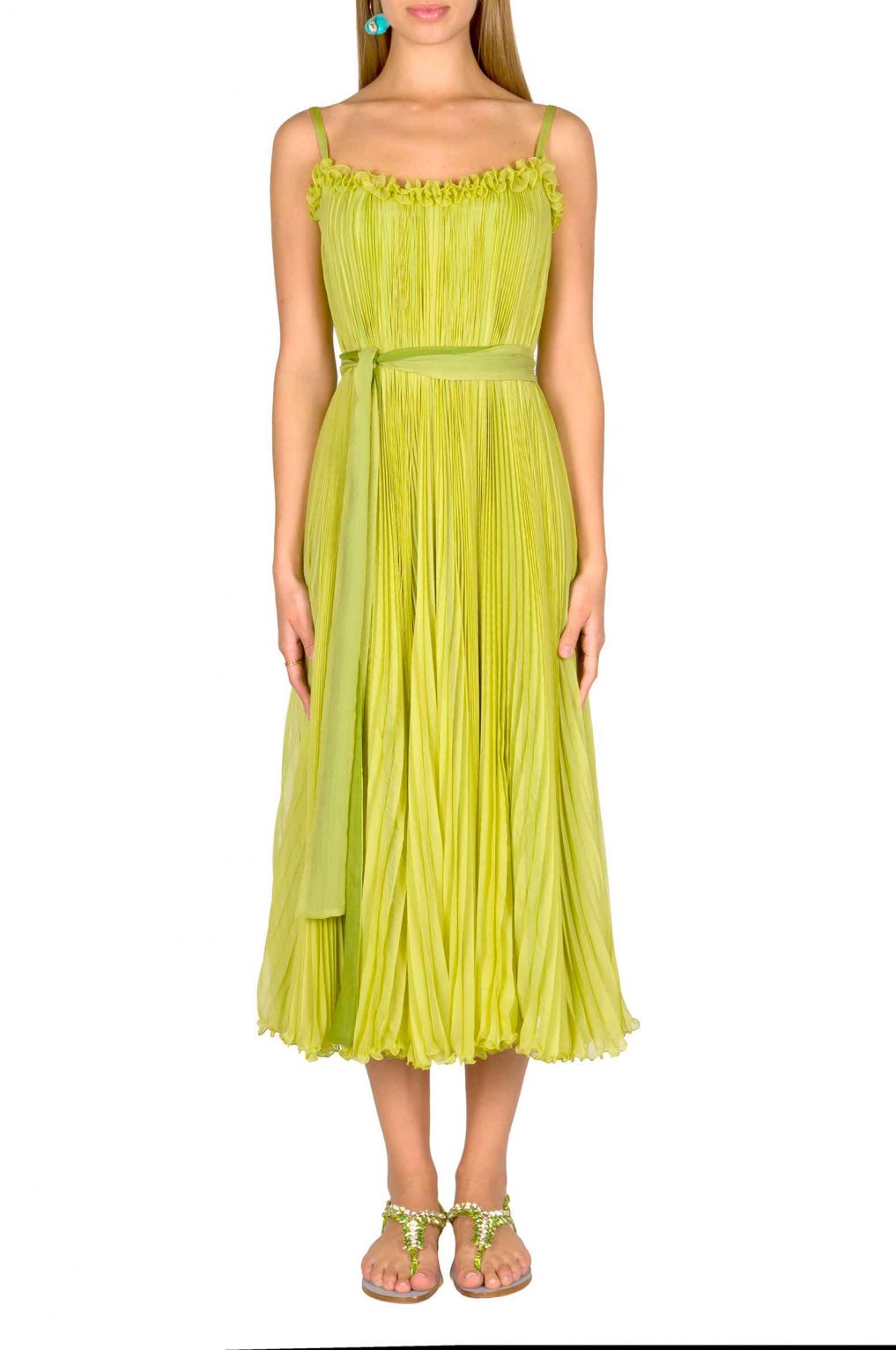 Luisa Beccaria | Lime Green Pleated Dress with Sash