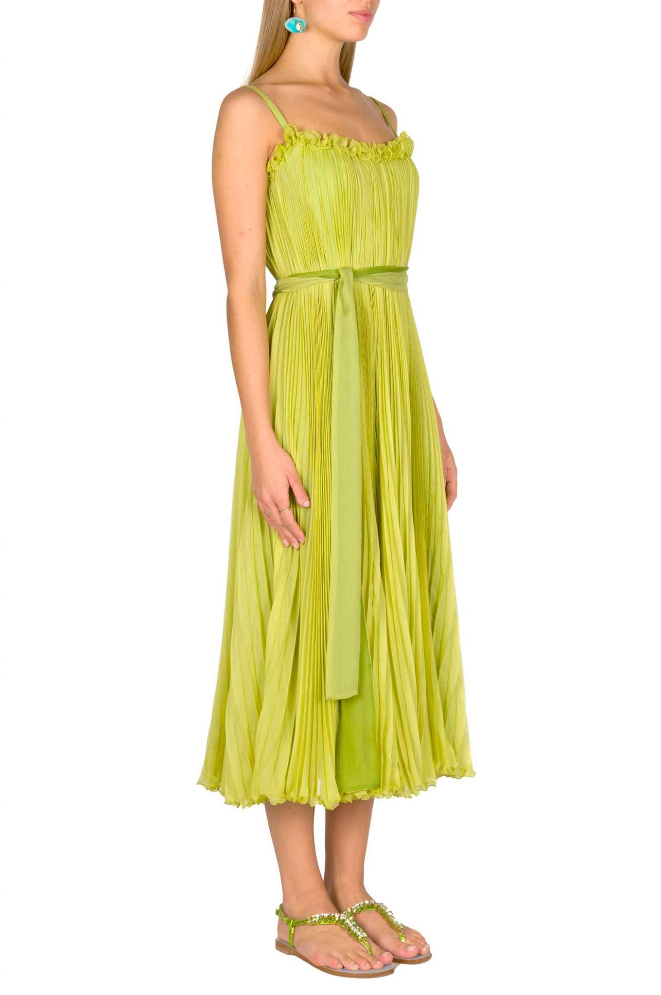 Luisa Beccaria | Lime Green Pleated Dress with Sash