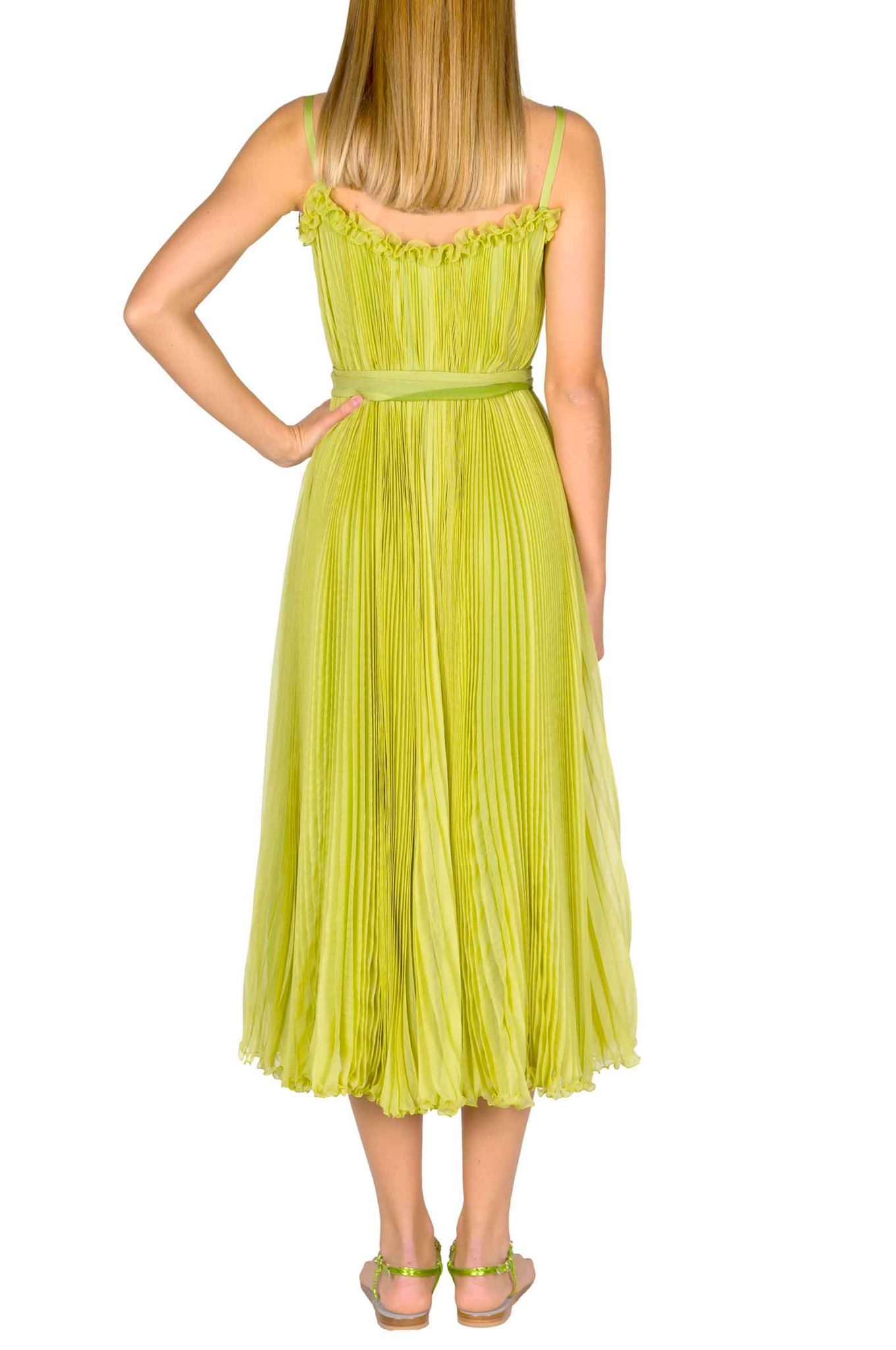 Luisa Beccaria | Lime Green Pleated Dress with Sash